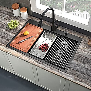 30 Inch Black Drop in Kitchen Sink Workstation, Jshozzy 30x22 Drop-in Top Mount Kitchen Sink Stainless Steel Black Kitchen Sink Single Bowl Deep Kitchen Sink with Offset Drain