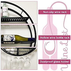 Wall Mounted Wine Rack, Elegant Black Metal Round Wine Glass Holder for Home Bar and Kitchen Décor - Space-Saving Wine Bottle Organizer and Glass Shelf for Parties and Entertaining - 23.6 Inches