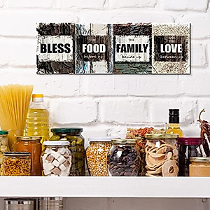Kas Home Farmhouse Wall Decor, Bless Food Family Love Signs for Kitchen Wall Decor Rustic Canvas Wall Art Hanging Decorations for Kitchen Dining Room Bedroom (Brown - BFFL, 5.5 x 16.5 inch)
