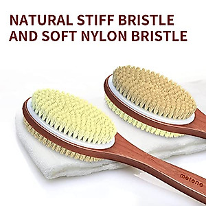 Metene Shower Brush with Upgrade 17-inch Rosewood Handle, Double-Sided Body Brush with Stiff and Soft Natural Bristles for Wet or Dry Brushing, Back Scrubber for Gentle Exfoliating and Clean Easily