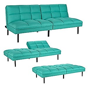Giantex Sofa Bed, Convertible Sleeper Couch, Linen Fabric Futon, Recliner with 3 Level Adjustable Backrest, Metal Legs, 71”x35.5”x31”, Living Room Bedroom Reception Room (Turquoise)