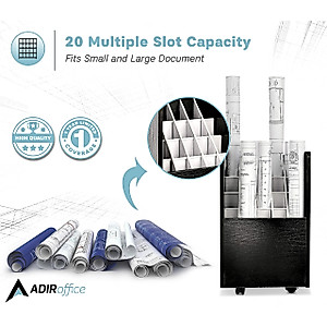 Adir Mobile Blueprint Roll File Holder - Architectural Plan Storage Organizer for Home Office or School Use 20 Slots (Black)