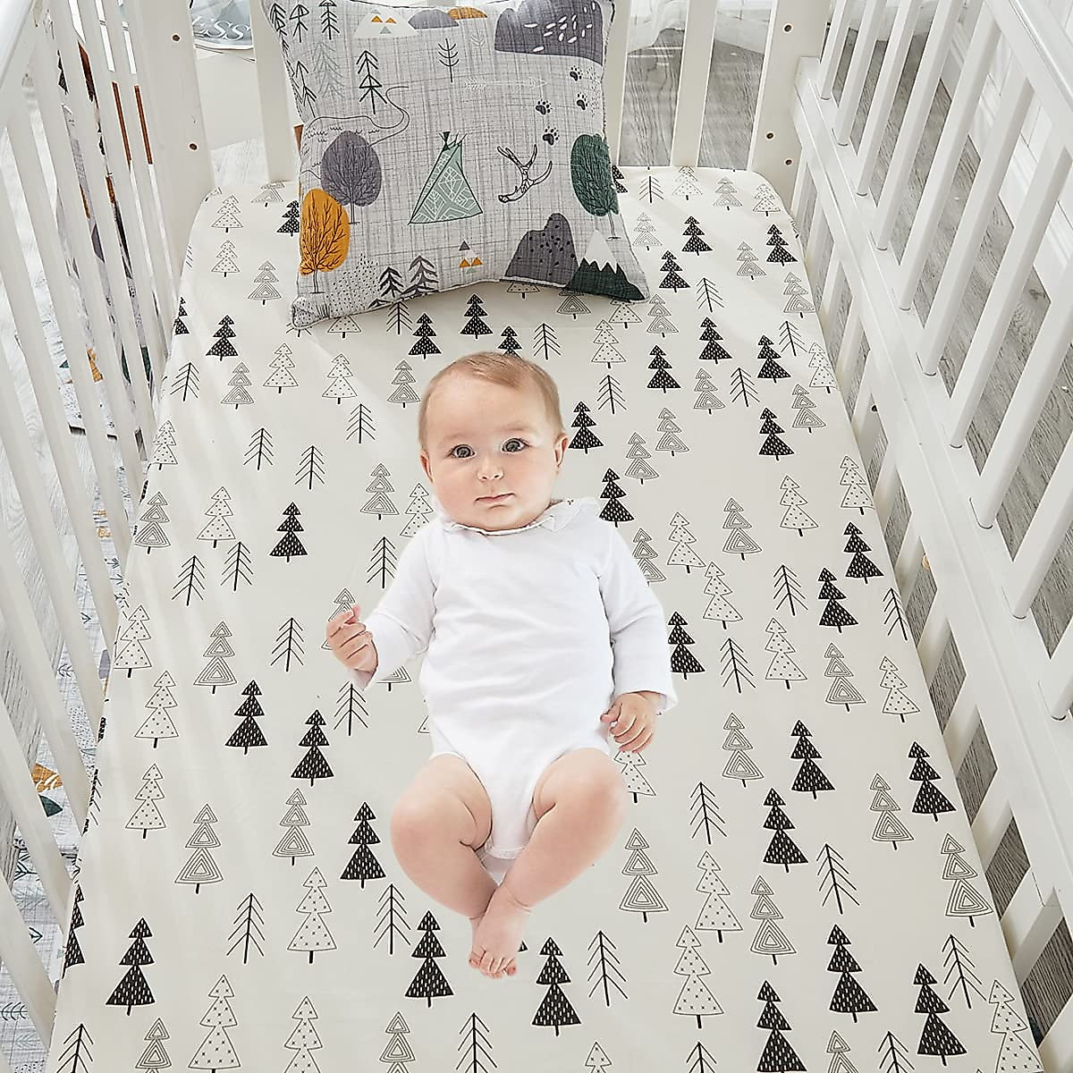 Brandream Woodland Baby Crib Bedding Set | 3-Piece Crib Bed Blanket, Fitted Crib Sheet and Crib Bed Skirt Cotton | Snow Mountain Ancient Forest Theme - Gray White Black