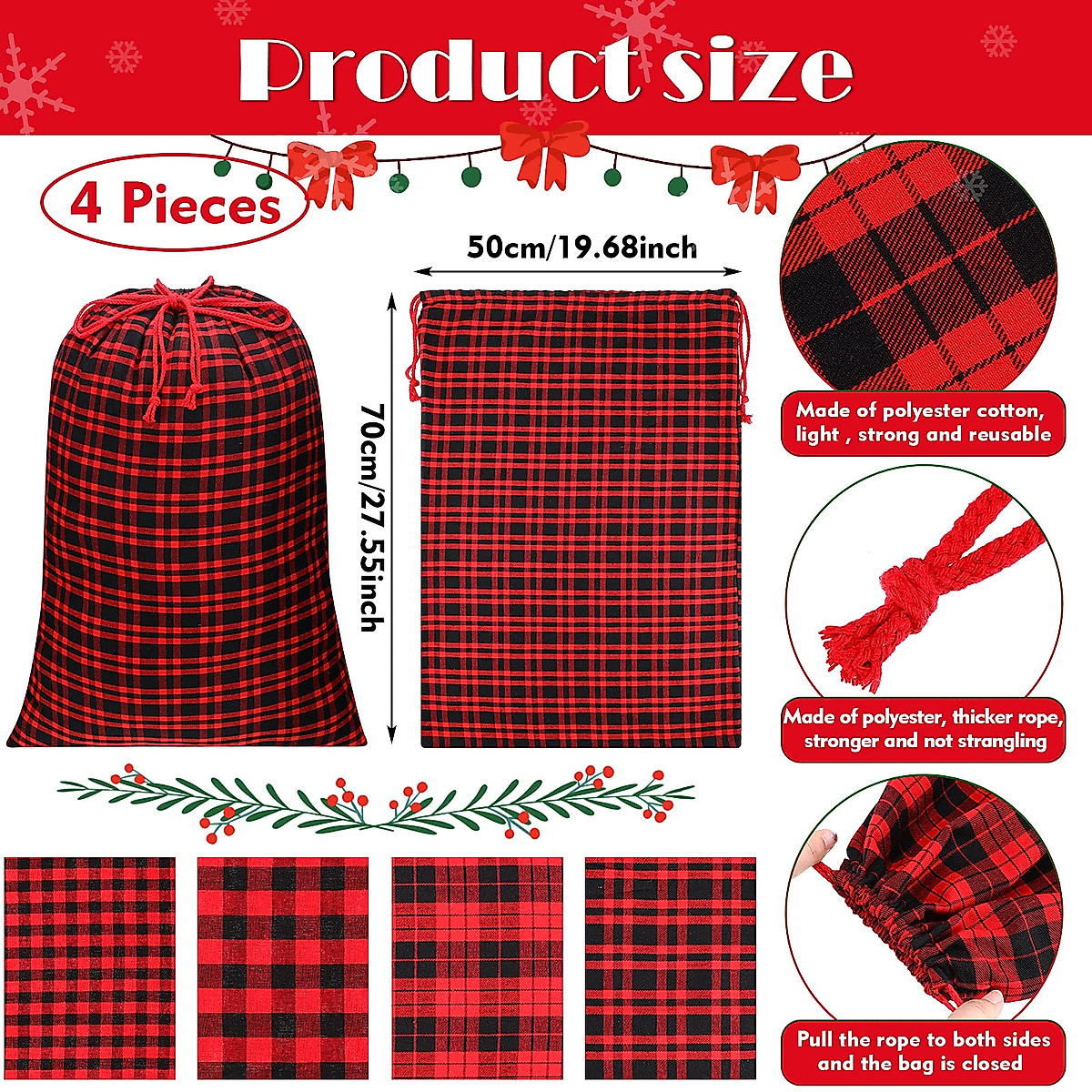 Shappy 4 Pcs Large Christmas Gift Bags 28 x 20 inches Drawstring Fabric Gift Bags Christams Bags for Xmas Presents Holiday Favors(Black-red)