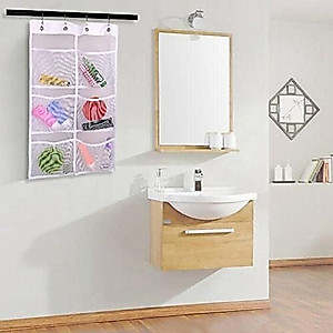 Mesh Shower Curtain Organizer Bag，6 Pockets Hanging Caddies Quick Dry Bathroom Shower Curtain Rod/Liner Toy Shampoo-Soap-Razor Holder Hanger Storage Pocket with 4 Hanging Ring 2 Suction Cup Hooks