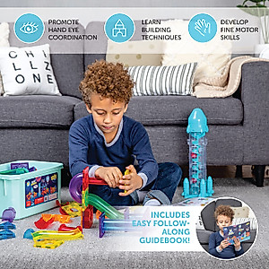 Play Brainy Magnetic Marble Run for Kids Ages 3 & Up - 130-Piece Magnetic Tiles with Rocket Elevator, Space-Themed Magnet Toys for Boys & Girls - STEM Educational Toys Set with Stickers & Storage Case