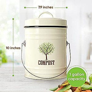 Third Rock - 1.0 Gallon Farmhouse Kitchen Compost Bin - Beige - with 3 Years Supply of Charcoal Filter Replacements