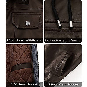 wantdo Men's Faux Leather Jacket Warm Winter Leather Coat with Removable Hood Dark Brown L