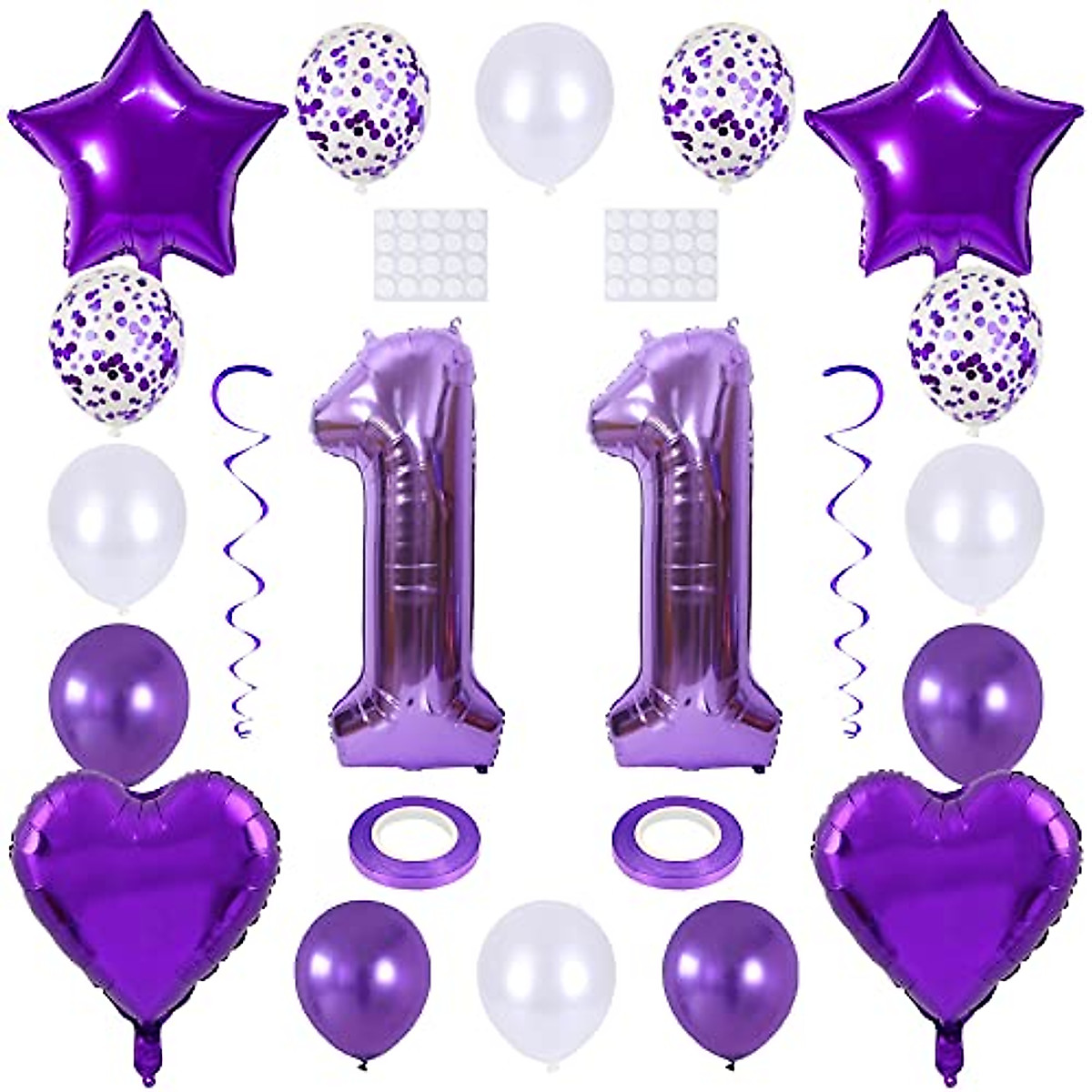 Maigendoo 11 Number Balloon Set Digit Balloons Latex Balloon Confetti Balloon Heart Star Moon Foil Mylar Balloon with Swirl Decorations for 11th Birthday Party Graduation Anniversary Event, Purple