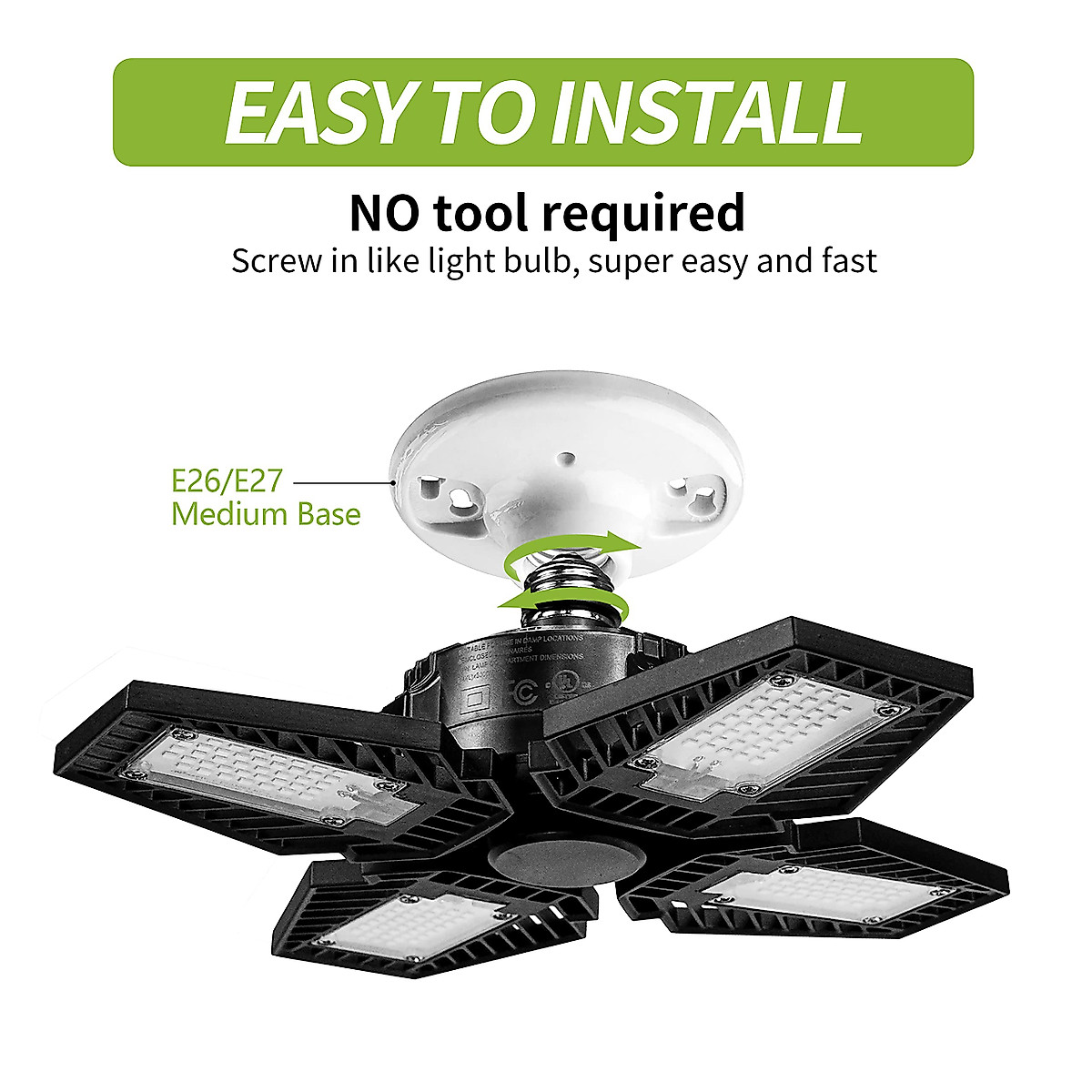 Pinegreen Lighting Led Garage Light, 100w 12000lm Garage Ceiling Lights, 6500k E26/E27 Led Shop Light with 4 Adjustable Panels for Garage Workshop Warehouse Basement High Bay Light