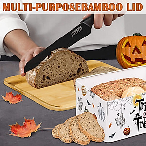 Halloween Bread Box with Bamboo Cutting Board Lid, Modern Metal Bread Storage Container Trick or Treat Kitchen Decor, Vintage Halloween Decorations For Home Organizer, Halloween Gifts for Women
