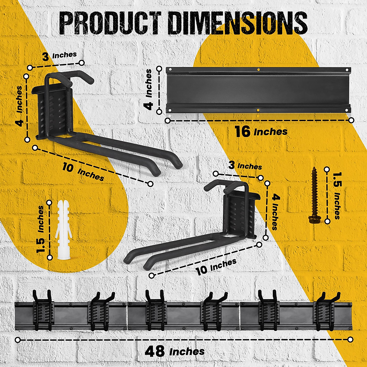 Gardi Beast Wall mount Tool Storage Rack - Heavy Duty Garden Tool Organizer, Garage Organization Hold Up to 350lbs - with 6 Double Layer Wall Hooks and 16"x3 Rails (48 inch total) Glove & Straps Black