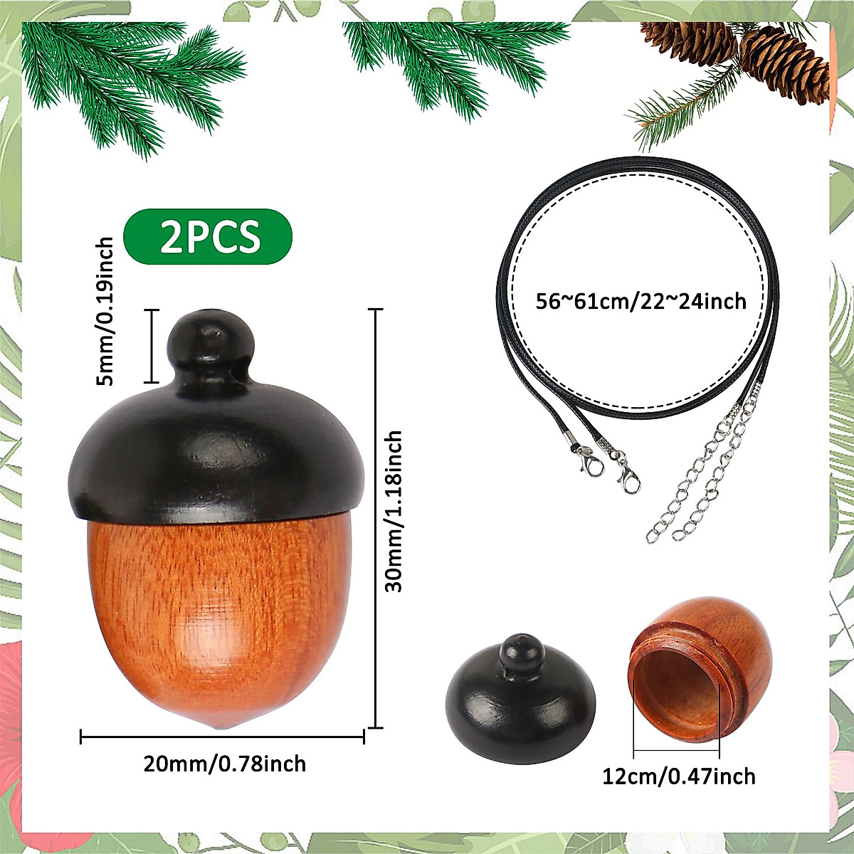 2 PCS Wooden Acorn Charms Nut Box Pendant with 2 PCS Black Waxed Necklace Cord and Lobster Claw Clasp for DIY Accessories Pendant Decorations Jewelry Making