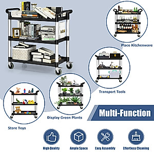 Goplus 3-Tier Rolling Utility Cart with Wheels, Heavy Duty 490 LBS Food Service Cart for Restaurant, Kitchen, Office, Plastic Push Cart Bus Cart, 40.5" x 19.5" x 38.5"
