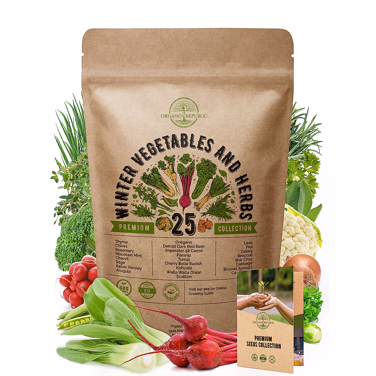 Organo Republic 25 Winter Vegetable & Herb Garden Seeds Variety Pack for Outdoors & Indoor Home Gardening 5000+ Non-GMO Heirloom Seeds Broccoli Beet Carrot Cabbage Radish Pea Mint Thyme Parsley