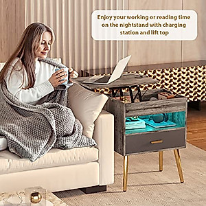 Cyclysio 35 Inches Nightstand with Reversible Lift Top, Large Night Stand with LED Lights, Tall Bedside Table with Charging Station, High End Side Table for Bedroom, Sofa Side, Living Room, Grey