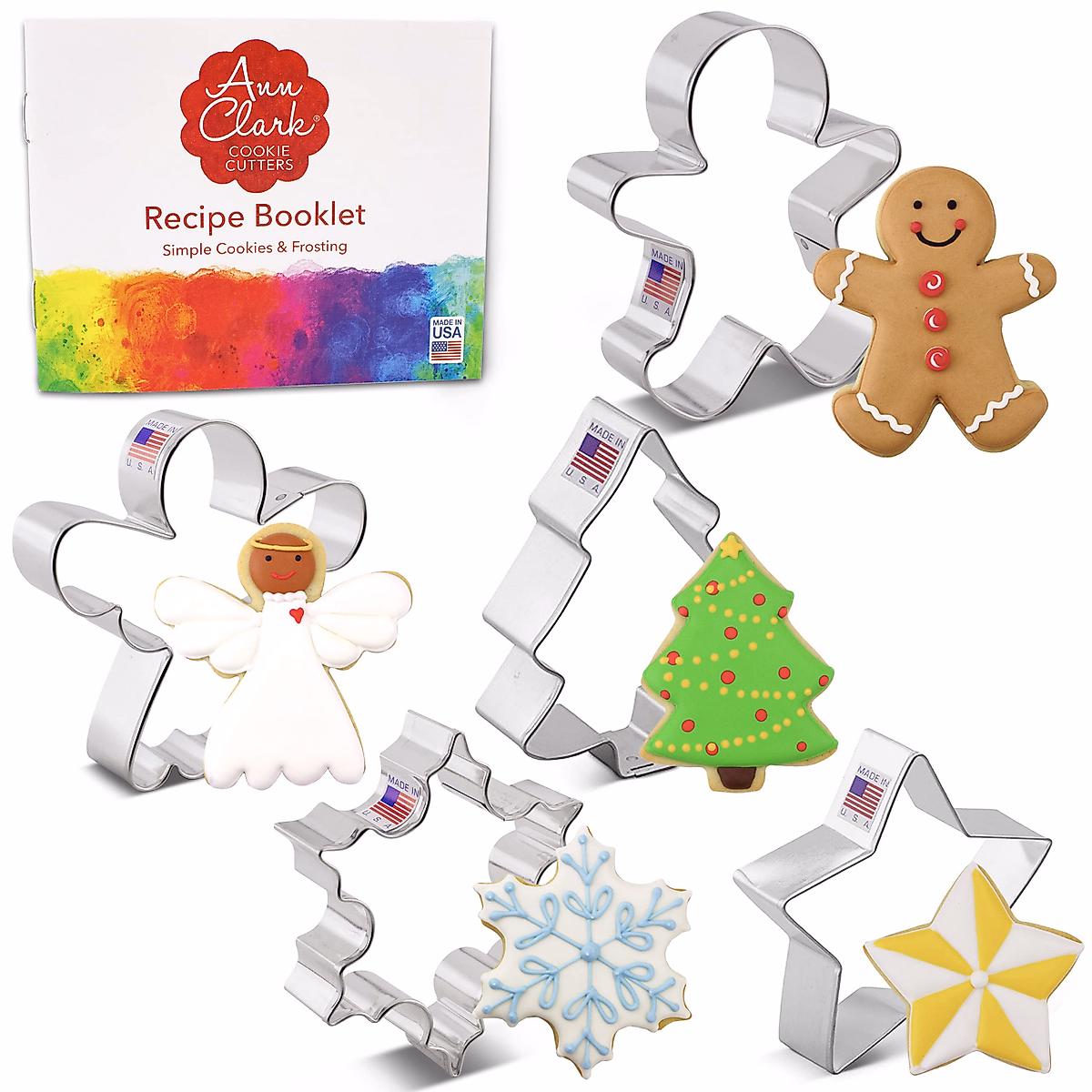 Christmas and Holiday Cookie Cutters 5-Pc Set Made in USA by Ann Clark, Gingerbread Man, Christmas Tree, Star, Snowflake, Angel