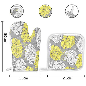 Oven Mitts and Potholders 2 pcs Set, Peony Floral Print Abstract Geometric Pattern Yellow Grey White Heat Resistant Kitchen Gloves and Hot Pads with Cotton Infill for Cooking Baking