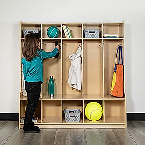 Flash Furniture Wooden 5 Section School Coat Locker with Bench, Cubbies, and Storage Organizer Hook-Safe, Kid Friendly Design - 48"H x 48"L (Natural)