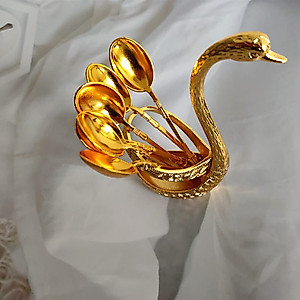 Gold Coffee Spoon with Metal Swan Base Holder with 6 Spoons Organizer, Stainless Steel Serving Bar Dessert Spoon for Cake CountertopTableware Household