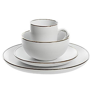 Gibson Home Rockaway Round Stoneware Dinnerware Set, Service for 4 (16pcs), Matte White/Metallic Rim