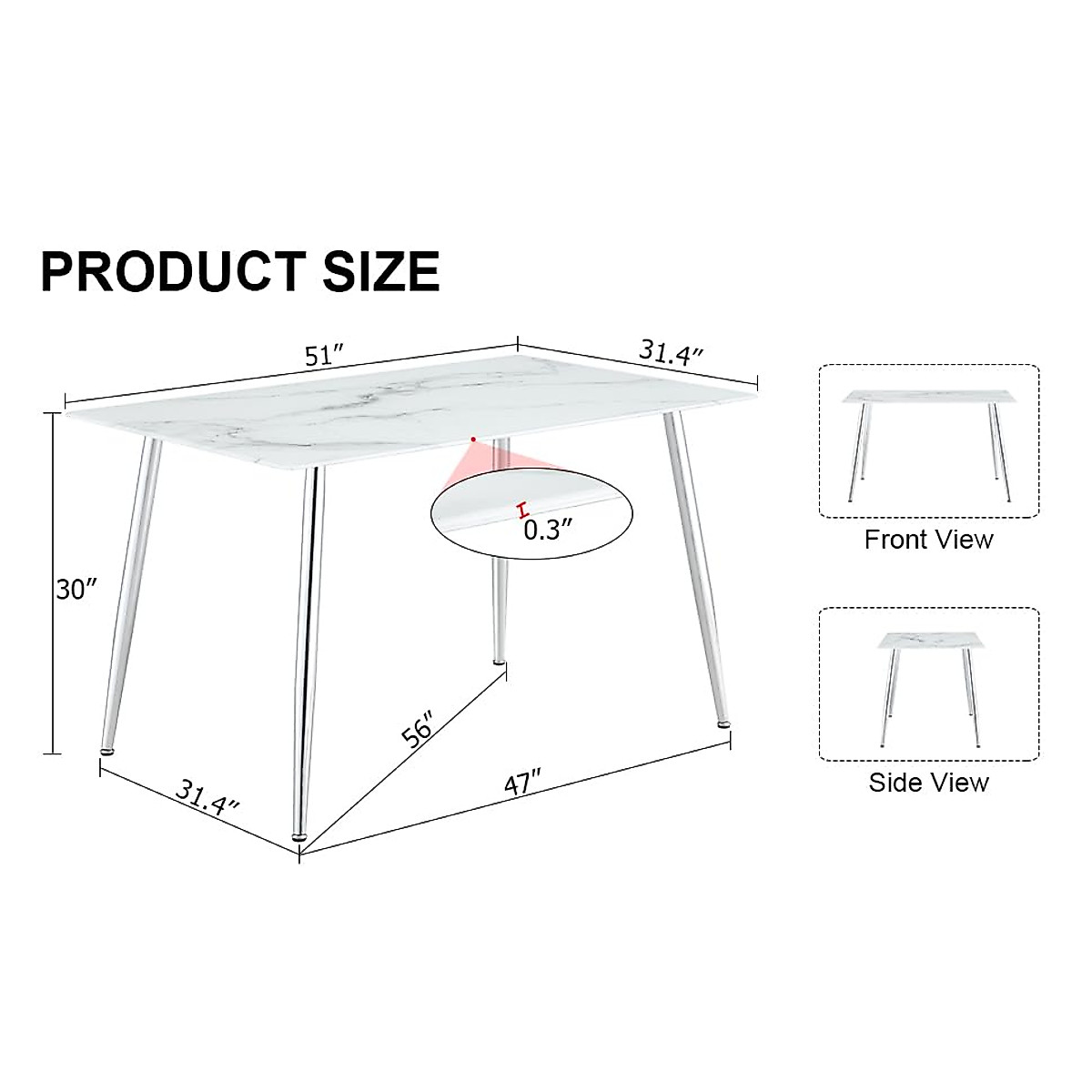 HMFULE 51" Modern Rectangle Imitation Sintered Stone Dining Table has 0.3 Inch Thick Glass Tabletop and Silver Metal Legs Kitchen Table White(Only Table)