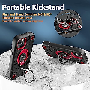 KCJ for iPhone 13 Mini case/iPhone 12 Mini case 5.4 Inch with Ring Holder, with 2 Pack Screen Protector + 1 Pack Camera Lens Protector,Heavy-Duty Military Grade Protector Cover. (Black+Red)