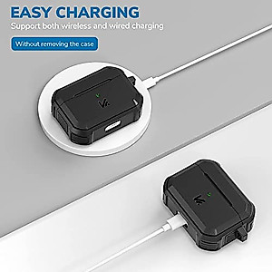 KMMIN Compatible for AirPods Pro Case Cover, Full-Body Rugged Hard Shell Protective Shockproof Case Cover with Carabiner for Apple AirPod Pro Support Wireless Charging[Front LED Visible], Black