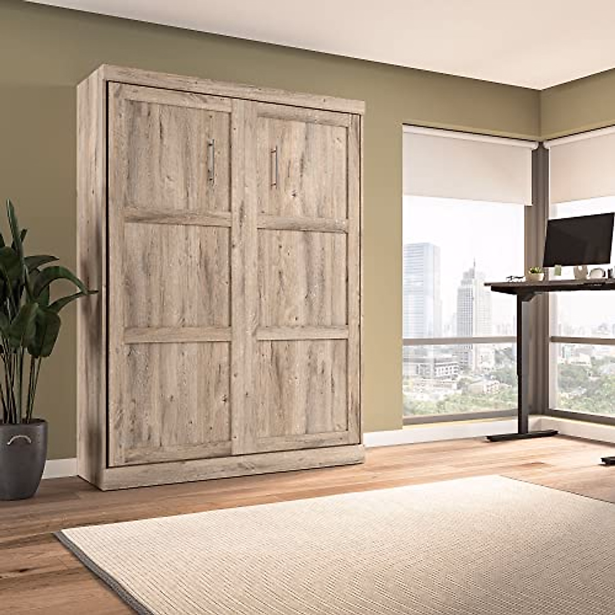 Bestar Pur Murphy, Space-Saving Wall Bed for Multipurpose Guest Room or Home Office, Queen, Rustic Brown