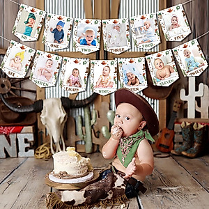 Cowboy 1st Birthday Photo Banner, Western Cowboy Cowgirl Themed Growth Record Photo Banner from Newborn to 12 Months, Monthly Milestone First Bday Party Decorations Supplies…