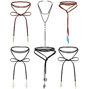 Sureio 6 Pcs Women Black Leather Velvet Long Choker Gothic Boho Brown Wrap Velvet Choker Long Chain Tassels Modern Choker with Velvet Bag for Girls Cowgirl