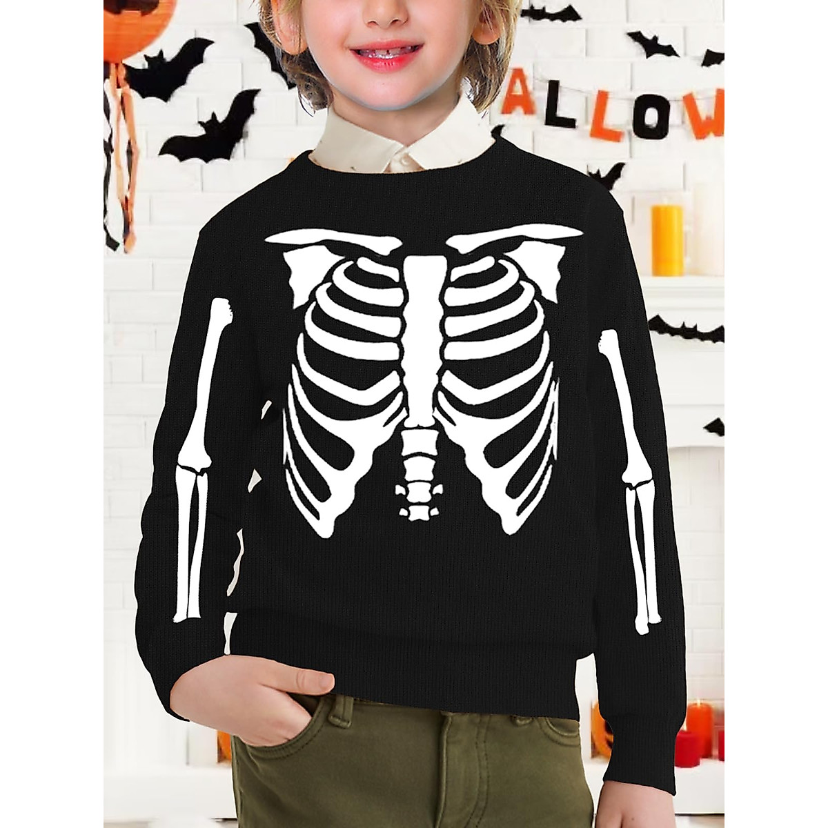 Remimi Skeleton Sweater Halloween Crewneck Spooky Top Cozy Warm Sweatshirt Black 13-14 Years