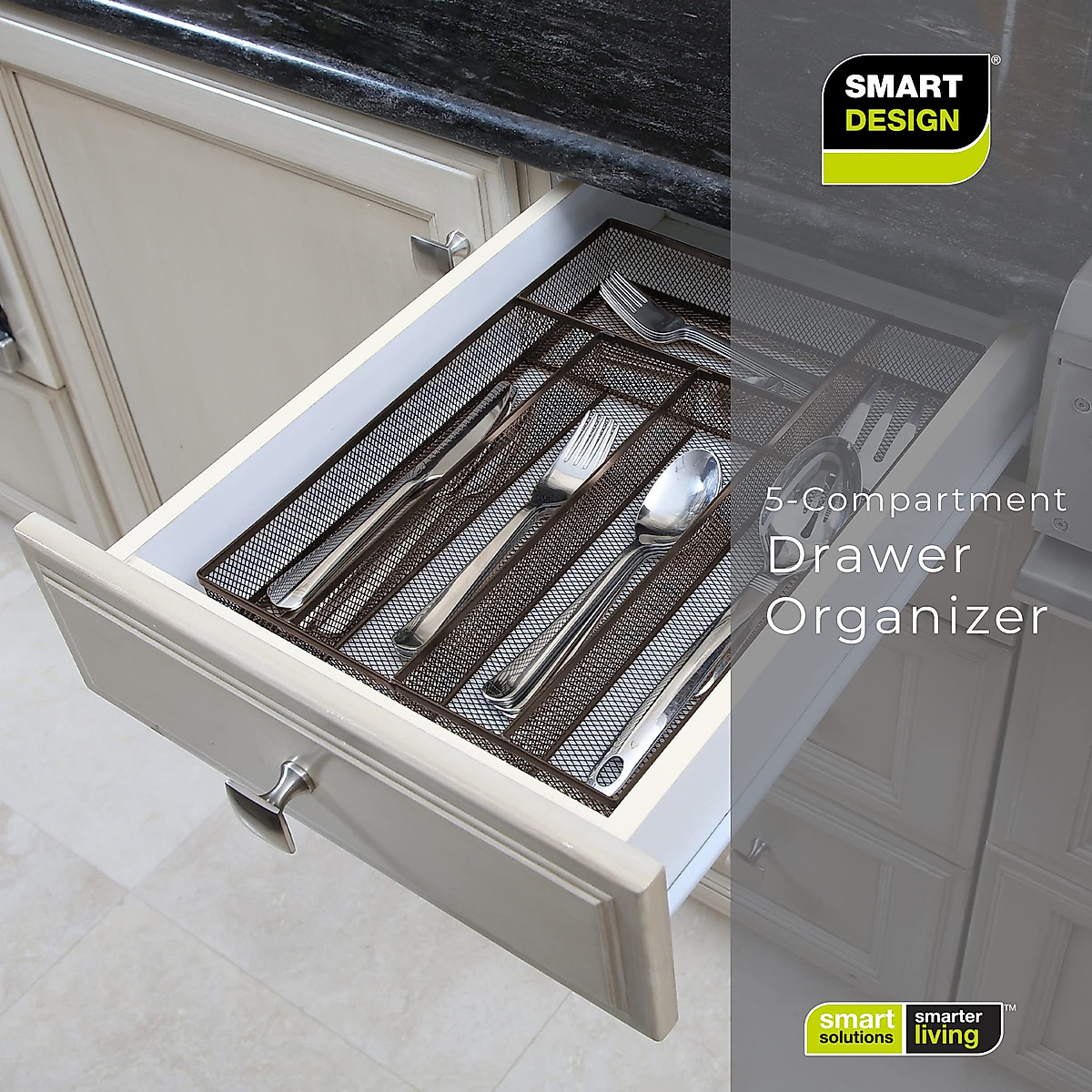 Smart Design 5 Compartment Drawer Organizer - Steel Mesh Mesh - Makeup Tray, Vanity, Utensils, Silverware Storage Bin - Kitchen - Bronze