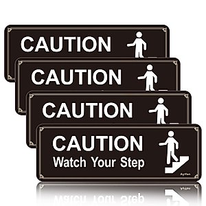 4 Pack Caution Watch Your Step Sign for floor, Acrylic with Symbols Self-adhesive for Home and Business Restaurants Offices 9"x3" Black Gold Easy to Mount Outdoor or Indoor Use Black