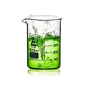 EISCO Beaker, 50ml - Low Form with Spout - White, 10ml Graduations - Borosilicate 3.3 Glass