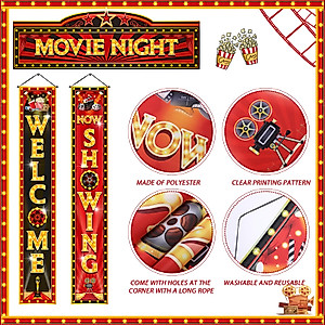 Funnymoom 3 Pcs Movie Night Porch Banner Decorations Movie Theme Party Hanging Banner Welcome Now Showing Sign Door Banner for Movie Theater Photography Background Party Supplies