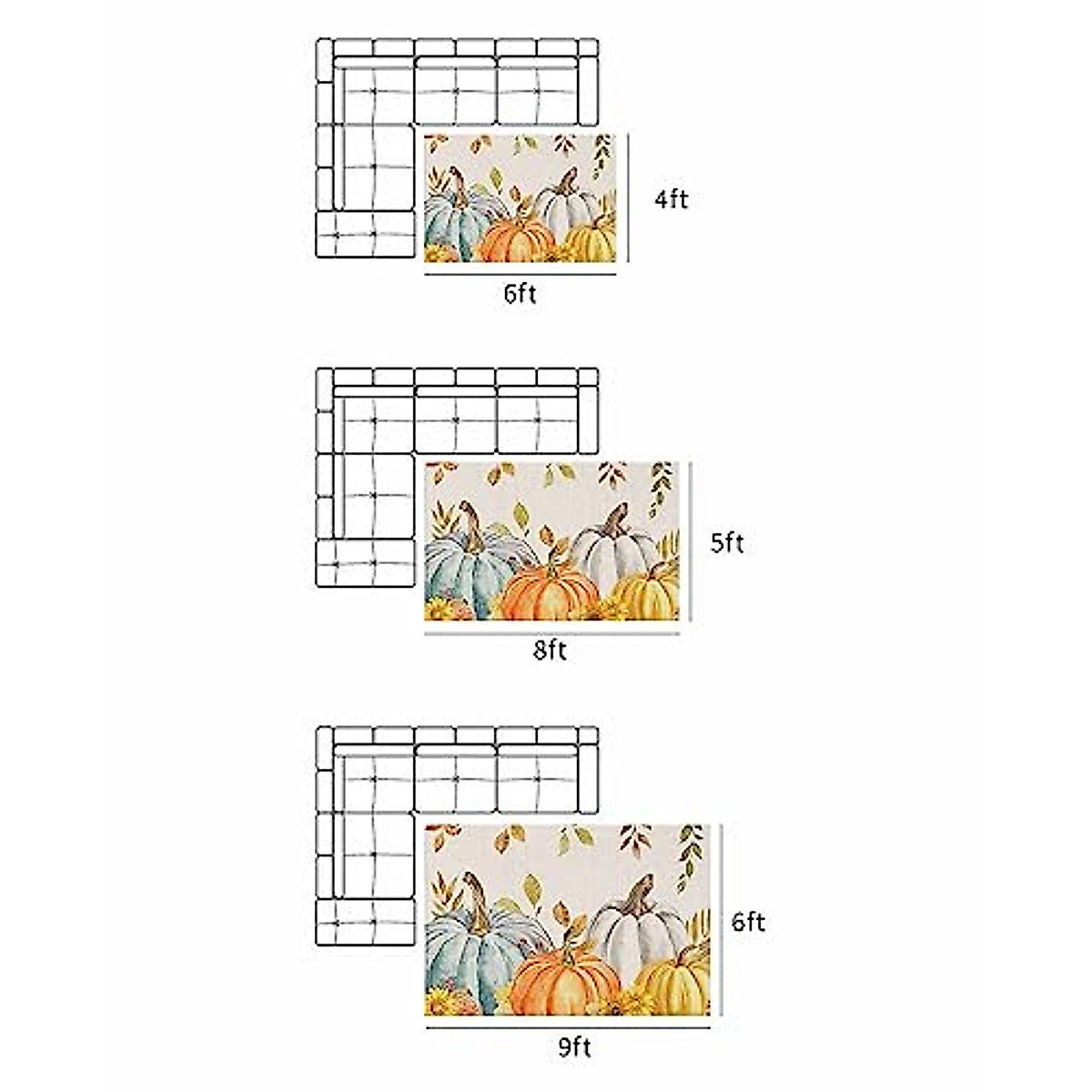 Thanksgiving Fall Outdoor Rug for Patio/Deck/Porch, Non-Slip Area Rug 6x9 Ft, Orange Teal Grey Pumpkin Maple Leaf Rustic Indoor Outdoor Rugs Washable Area Rugs, Reversible Camping Rug Carpet Runner