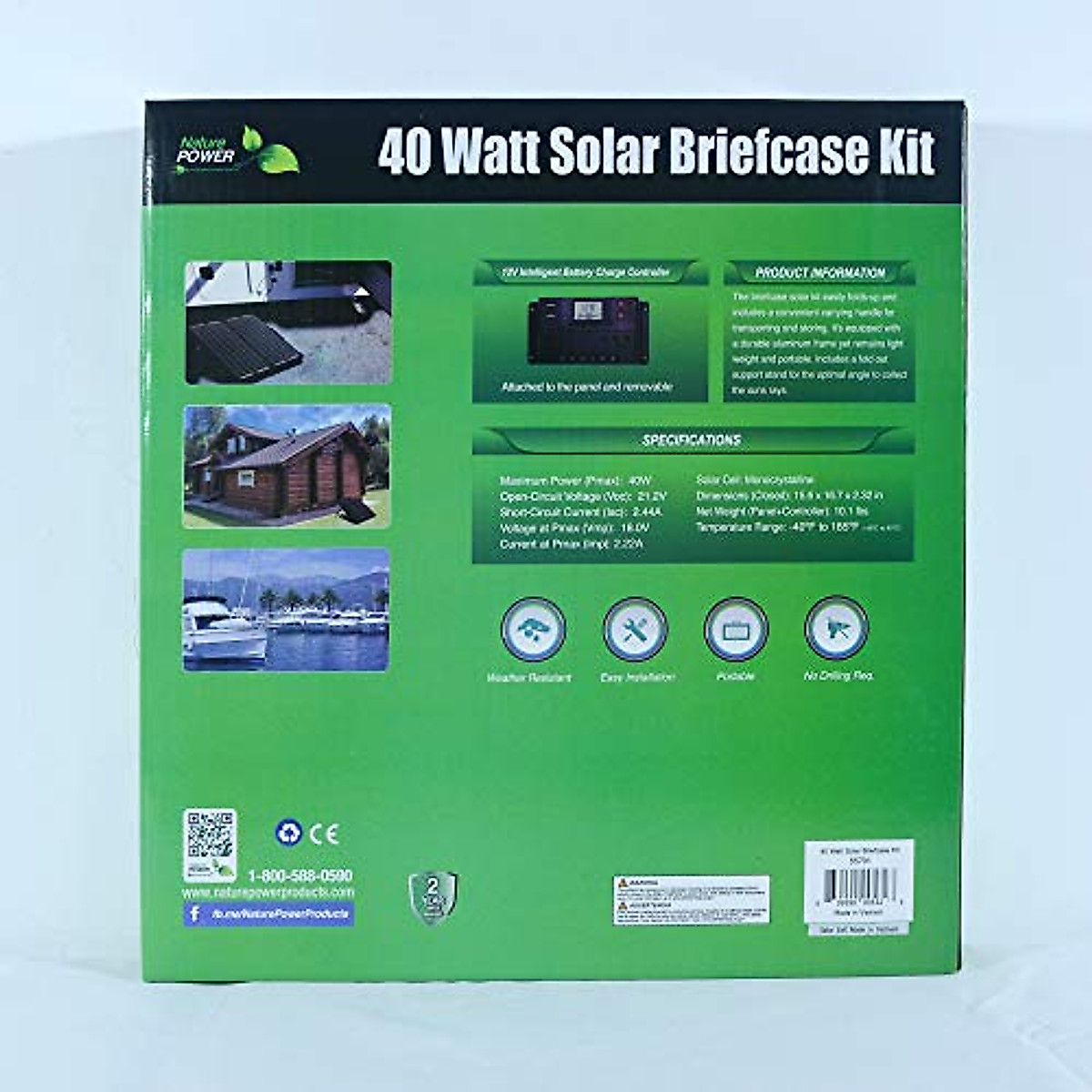 Nature Power 40-watt Portable Monocrystalline Solar Panel for 12-Volt Charging in Briefcase Design
