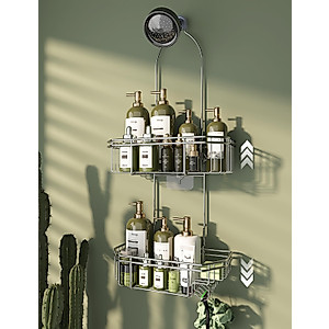 WXCGX Hanging Shower Caddy Over Shower Head Organizer: Height Adjustable Large Bathroom Storage Shelf with Soap Holder - Stainless Rustproof Shower Rack Basket with Hooks for Sponge Razor - Silver