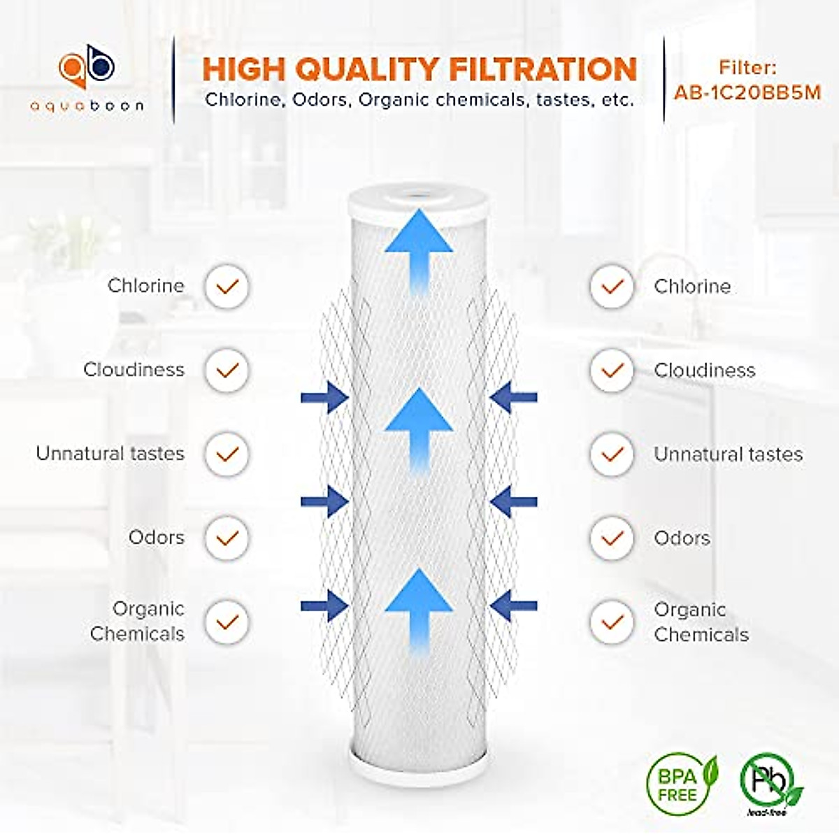 Aquaboon 5 Micron 20 x 4.5 Water Filter - Carbon Block & Sediment Filter Cartridges Set (8-PACK) for 20-inch Water Filter Housings - Fits BLUONICS BLCTO20X4, PP-20B4, Pentek 155358-43, EP20-BB