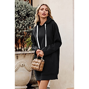 PRETTYGARDEN Women's Casual Pullover Sweatshirt Long Sleeve Split Hem Hoodie Dress with Kangaroo Pocket (Black,X-Large)