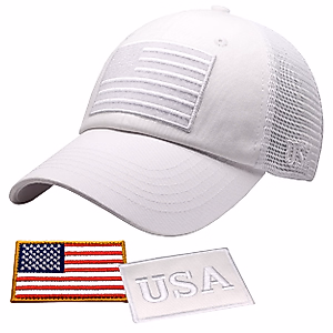 Antourage American Flag Unconstructed Hat for Men and Women Twill Mesh Snapback Baseball USA Flag Cap + 2 Patriotic Patches ((16) White Classic Mesh Snapback)