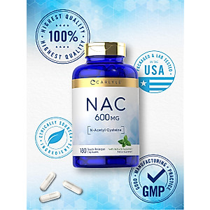 Carlyle NAC N-Acetyl Cysteine 600mg | 180 Capsules | with Peppermint | Free Form Supplement | Non-GMO, Gluten Free