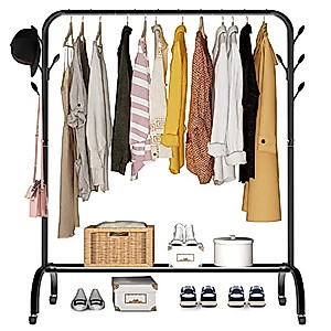 HILI Clothing Garment Rack with Wheels, Metal Clothes Stand Rack with Shoe Storage Rod, Sturdy Steel Frame Coat Rack for Indoor, Laundry, Bedroom(Black) (HY0006)