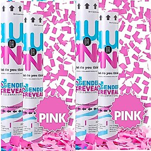 Tamsan Gender Reveal Cannons - Girl Surprise! Set of 4 Biodegradable Confetti, 12 Inches Pink Confetti Cannon, Easy to Use Indoor & Outdoor Gender Reveal Cannon with Matching Stickers