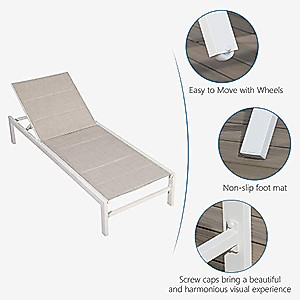 Iwicker 2 PCS Patio Aluminum Chaise Lounges Outdoor Weather-Resistant Textilene Quick Dry Foam Padded Lounge Chairs with Adjustable Backrest and Wheels, Beige