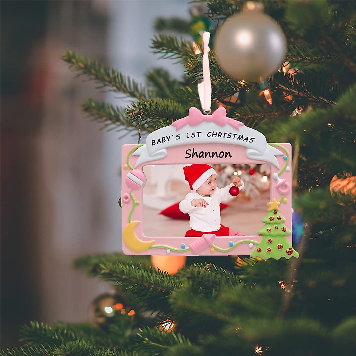 MAXORA Pink Photo Frame Baby Ornament - Personalized Baby's First Christmas Ornament - Custom Baby Shower Gifts for New Parents - Christmas Gifts for Grandkids - 2024 Christmas Photo Ornament