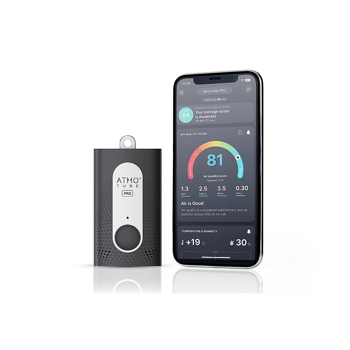 Atmotube Battery Powered Pro Portable Outdoor and Indoor Professional Air Quality Monitor [PM, VOCs, Temperature, Humidity and Barometric Pressure Tester], Pollution Meter