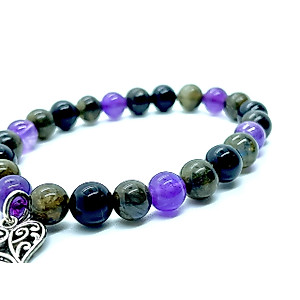DCE Triple Stone OPTIMUM PROTECTION Gemstonets - Evil Eye for Protection - Labradorite - Amethyst - Black Tourmaline Beaded Healing Crystal Elastict with Heart Charm By DAZZLING CRYSTA