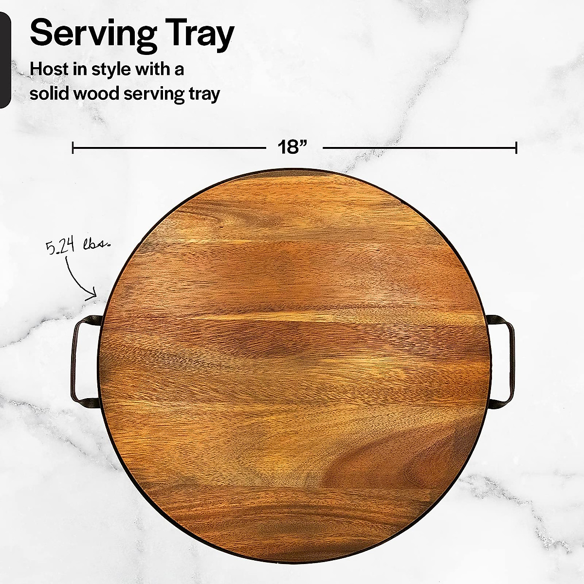 Villa Acacia 18 Inch Round Serving Tray, Solid Wood with Metal Band and Handles